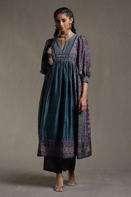 Buy Blue Kurta Viscose Print Chowki Bandhani And Embroidered Anarkali ...