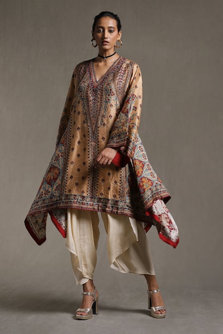 Buy Beige Viscose Printed Paisley V Neck Asymmetric Kurta For Women by Ritu Kumar Online at Aza ...