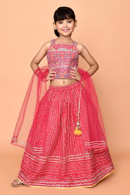 Buy Pink Silk, Net Embroidery, Mirrors, Gota Bandhani Print Embellished Lehenga Set For Girls by ...