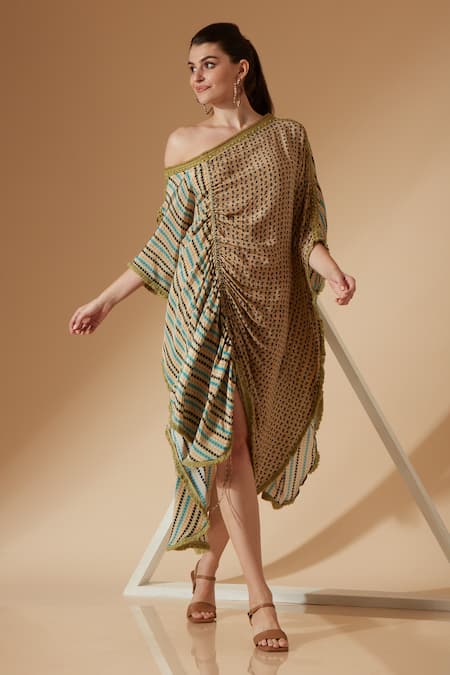 Buy Green Crepe Lace, Beads Off-shoulder Rhea Printed Dress For Women ...