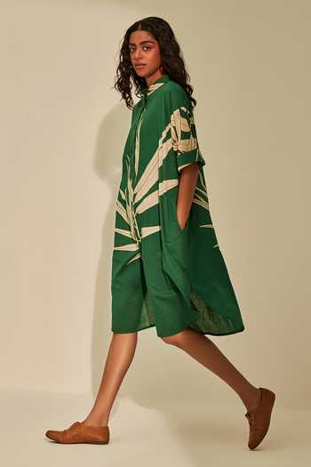 Buy Green Cotton Mandarin Collar Oasis Fern Print Dress For Women by ...