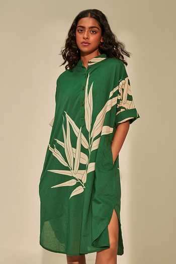 Buy Green Cotton Mandarin Collar Oasis Fern Print Dress For Women by ...