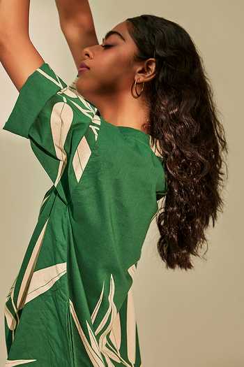 Buy Green Cotton Mandarin Collar Oasis Fern Print Dress For Women by ...
