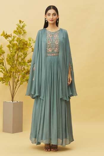 Buy Blue Chiffon Embroidery, Zari Round Neck Gown With Belt For Women ...