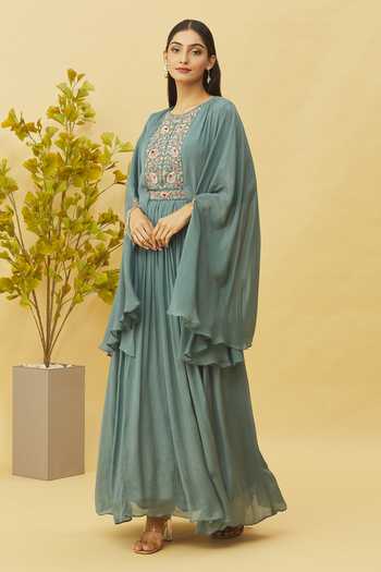 Buy Blue Chiffon Embroidery, Zari Round Neck Gown With Belt For Women ...