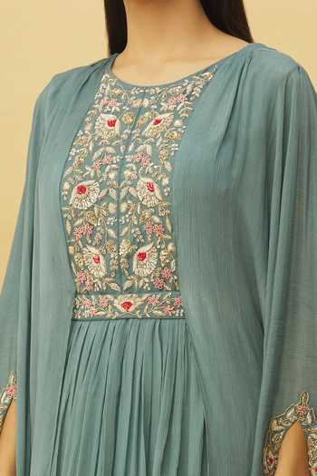Buy Blue Chiffon Embroidery, Zari Round Neck Gown With Belt For Women ...