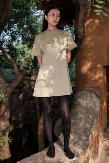 Buy Beige Organic Cotton Plain Round High Neck Rory Rib Dress For Women ...