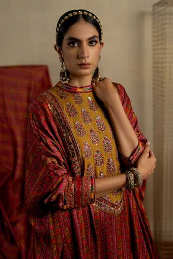 Buy Multi Color Satin, Silk Embroidery High Neck Bagh Kaftan With Gulal ...