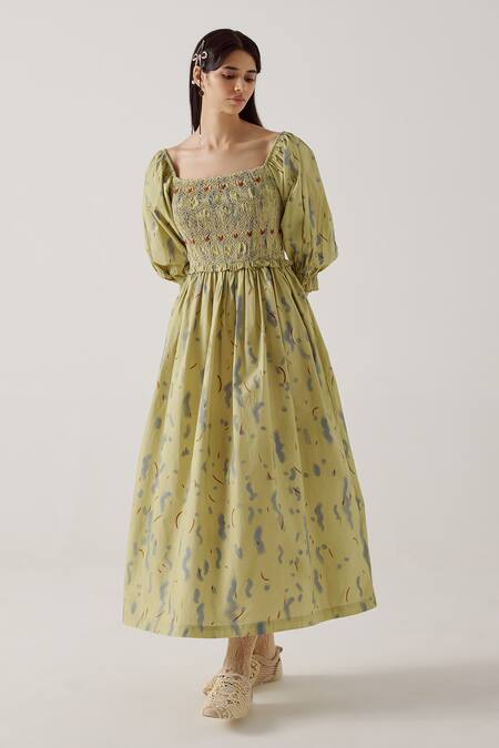 Buy Cotton Printed Blue Strokes Square Smocked Dress For Women by Cord ...