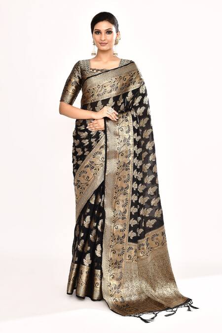 Buy Black Viscose Woven Zari Square Foliage Saree With Blouse For Women ...