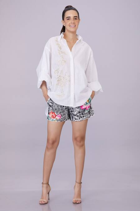 Buy White Blended Linen Embroidery Floral Parsi Gara Collared Shirt For ...