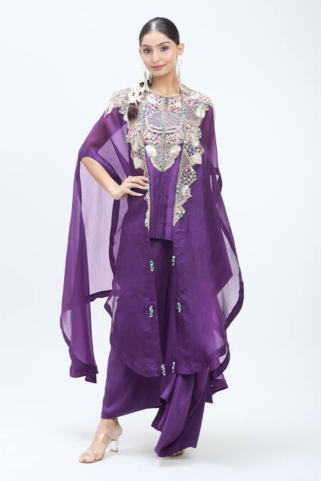 Buy Purple Dupion Embroidered Golden Thread Work Butterfly Cape And ...