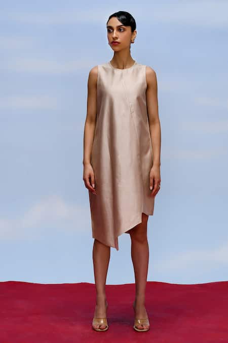 Buy Beige Chanderi Solid Round Diagonal Asymmetric Dress For Women by ...