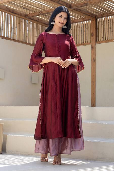 Buy Maroon Chiffon, Crepe Gota Patti Round Neck Panelled Side Slit ...