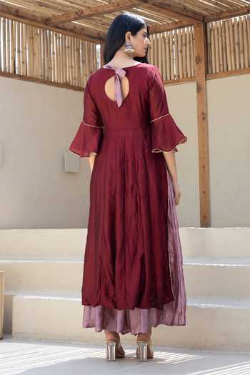 Buy Maroon Chiffon, Crepe Gota Patti Round Neck Panelled Side Slit ...