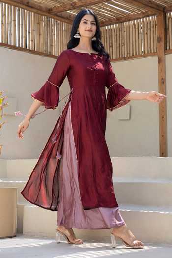 Buy Maroon Chiffon, Crepe Gota Patti Round Neck Panelled Side Slit ...