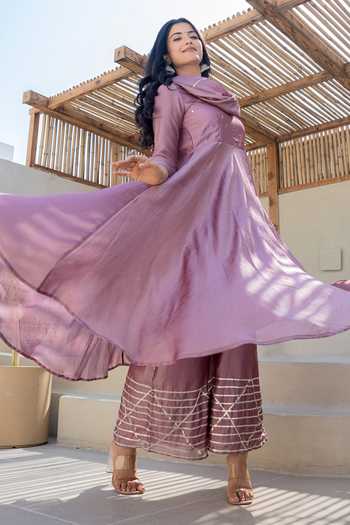 Buy Pink Chiffon, Crepe Gota Patti Round Neck Anarkali And Embroidered ...