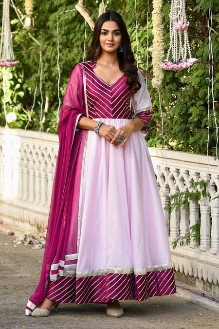 Buy Pink Taffeta Gota Patti, Tassels V-neck Detailed Yoke Anarkali With ...