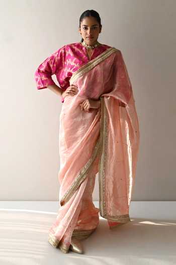 Buy Pink Organza Tissue Embroidered Border Sequins Sumi Saree For Women ...