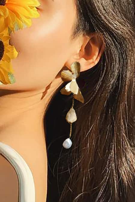 Buy Gold Plated Fiore Foliole Pearl Danglers by Heena Mittal Online at ...