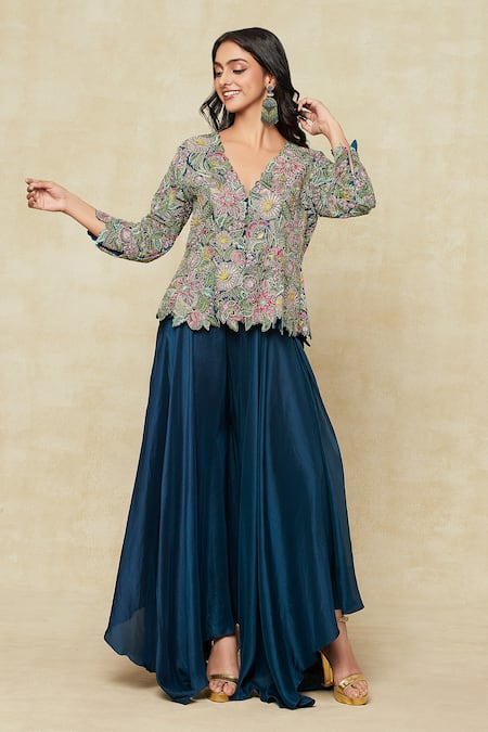 Buy Blue Embroidered Floral V Neck Jacket And Palazzo Set For Women by ...
