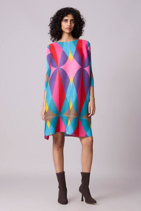 Buy Pink Polyester Crew Neck Egypt Geometric Pattern Dress For Women by ...