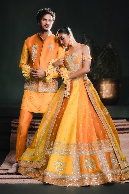 Buy Yellow Lehenga Heavy Raw Silk Embroidered Zardozi The Son Patissa Set For Women by Masaba Online at Aza Fashions