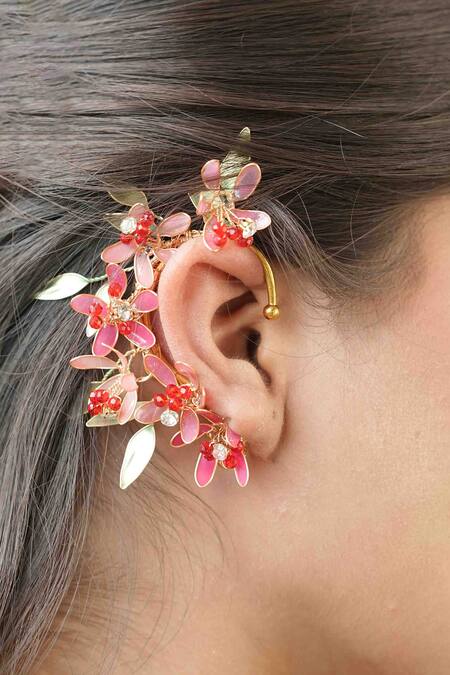 Buy Multi Color Pearls, Stones, Metallic Thread Zoya Embellished Ear Cuff by Floristaa By Mahek ...