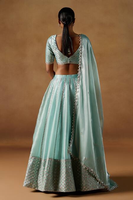 Buy Blue Organza Embroidered Zari V-neck Geometric Jaal Lehenga Set For ...