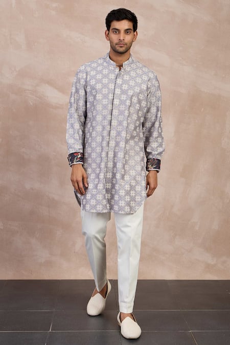 Buy Grey Chander Silk Embroidered Thread Kairos Floral Jaal Pattern ...