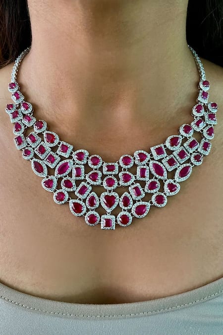Buy Red Diamonte Ruby Cluster Necklace Set by Prerto Online at Aza Fashions.