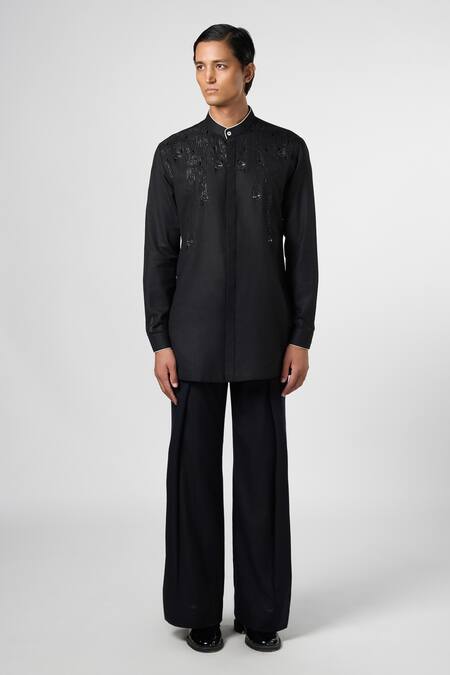 Buy Black Matka Cotton Embroidery Bead Placement Kurta For Men by Line ...