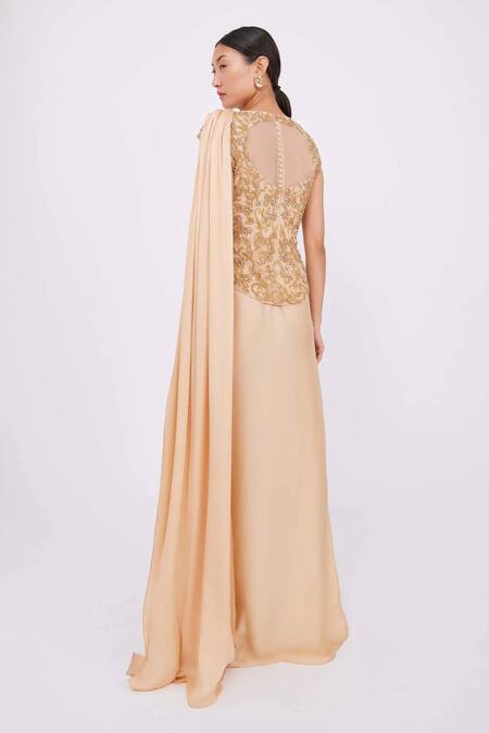 Buy Gold Tulle, Satin, Polyester Sequins, Anika Floral Motif ...