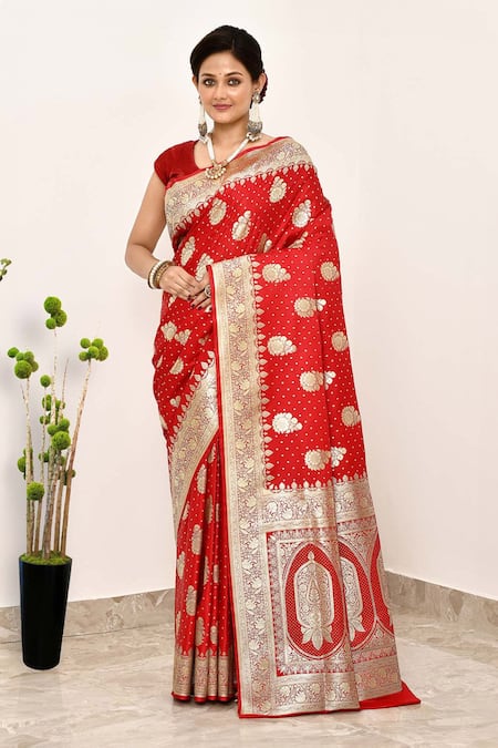 Buy Red Art Silk Handwoven Phool Guccha Saree With Running Blouse For ...