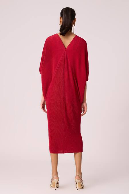 Buy Red Polyester Embroidery V-neck Blake Metallic Midi Dress For Women ...