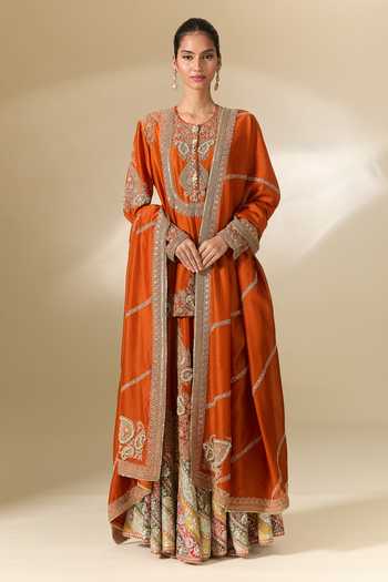 Buy Orange Cotton Embroidery Round Neck Kurta Sharara Set For Women by ...