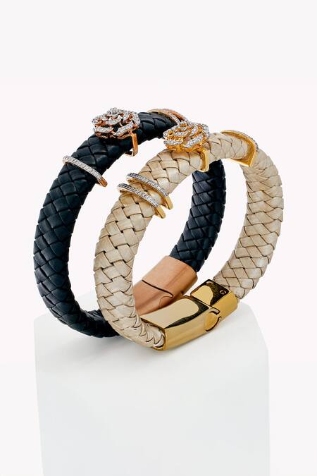 Buy Gold Plated Diamond Rose Vegan Leather Natural Bracelet by Rowas Jewels Online at Aza Fashions