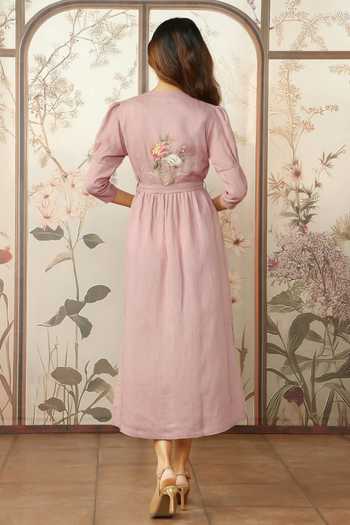 Buy Pink 100% Linen Painted Floral Mandarin Collar Peony Parade Hand ...