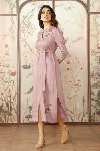 Buy Pink 100% Linen Painted Floral Mandarin Collar Peony Parade Hand ...