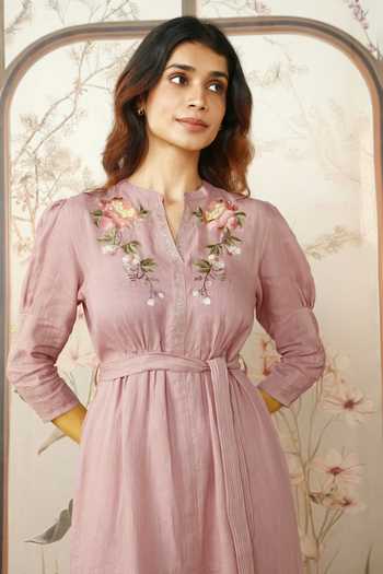 Buy Pink 100% Linen Painted Floral Mandarin Collar Peony Parade Hand ...