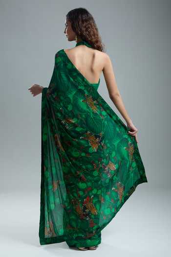 Buy Green Jungle Print Saree With Unstitched Blouse Piece For Women by ...