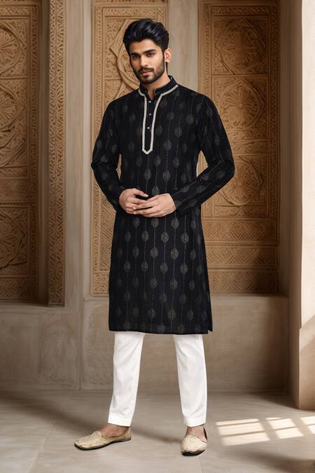 Buy Black Viscose Slub Embroidery Geometric Jaal Kurta For Men by ...