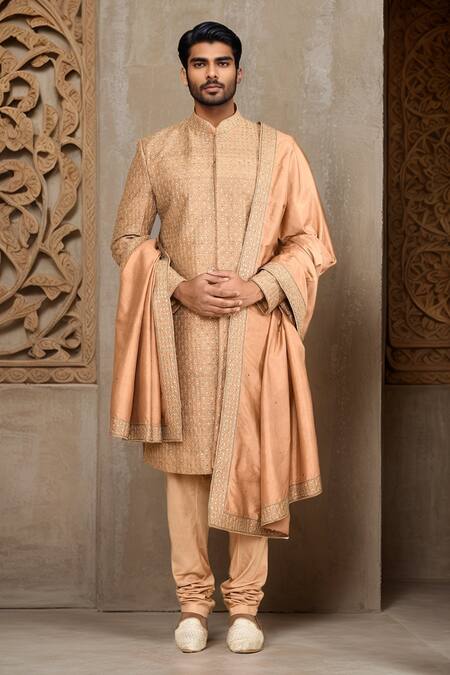 Buy Gold Raw Silk Embroidery Geometric Jaal Tejaswi Sherwani Set For ...