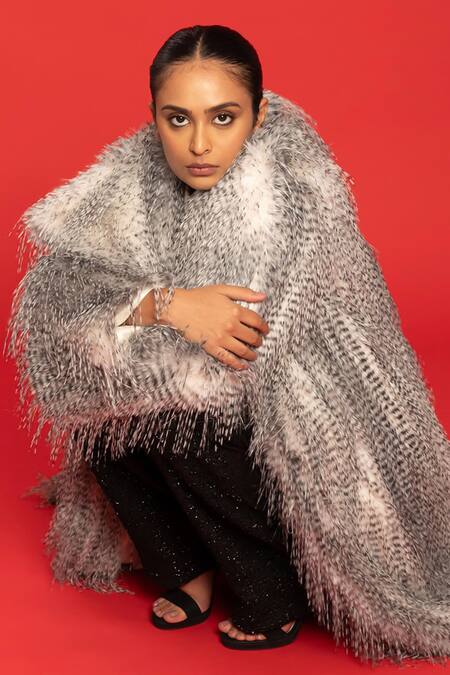 Buy Black Fur Tassels Gradient Knitted Overcoat For Women by POOJA ...