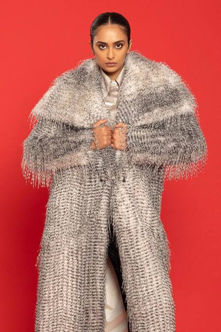 Buy Black Fur Tassels Gradient Knitted Overcoat For Women by POOJA ...