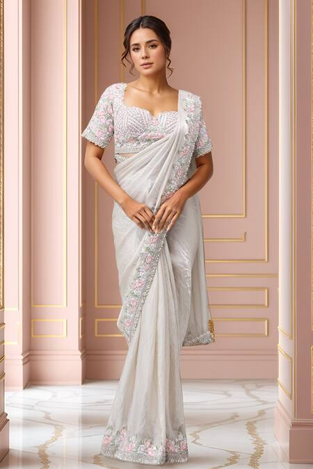 Buy Cream Satin Silk Embroidery Sequin Phool Bloom Border Pre-draped ...