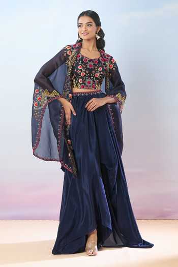Buy Blue Cotton, Crepe Beads, Embroidery Round Neck Floral Hand Cape ...
