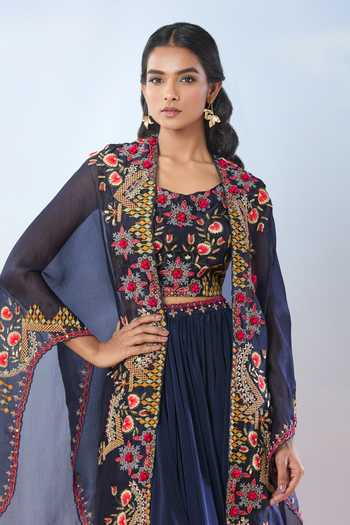 Buy Blue Cotton, Crepe Beads, Embroidery Round Neck Floral Hand Cape ...