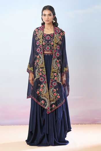 Buy Blue Cotton, Crepe Beads, Embroidery Round Neck Floral Hand Cape ...