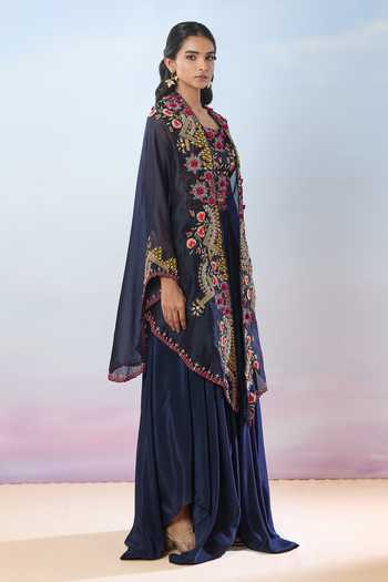 Buy Blue Cotton, Crepe Beads, Embroidery Round Neck Floral Hand Cape ...